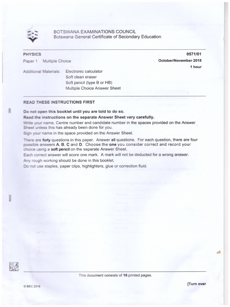 2018 Bgcse Physics Paper 1 | PDF