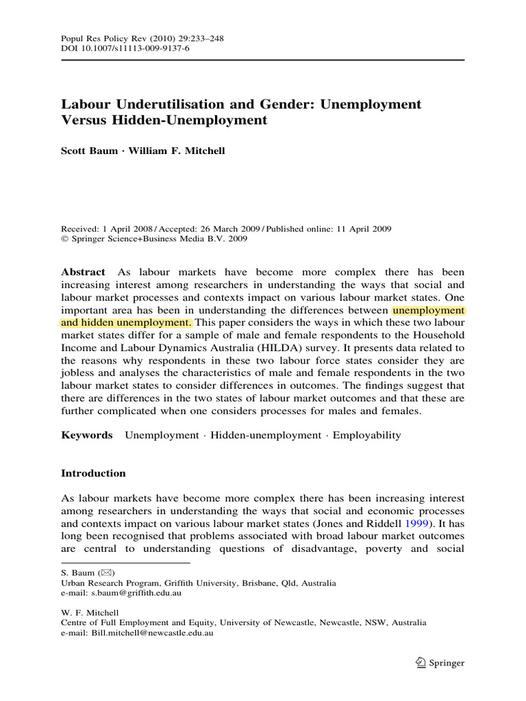 Labour Underutilisation and Gender Unemployment Versus Hidden ...