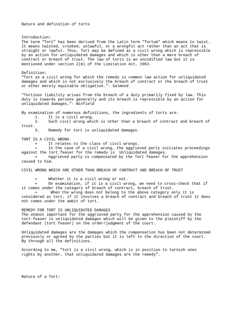 Nature and Definition of Torts | PDF | Tort | Damages