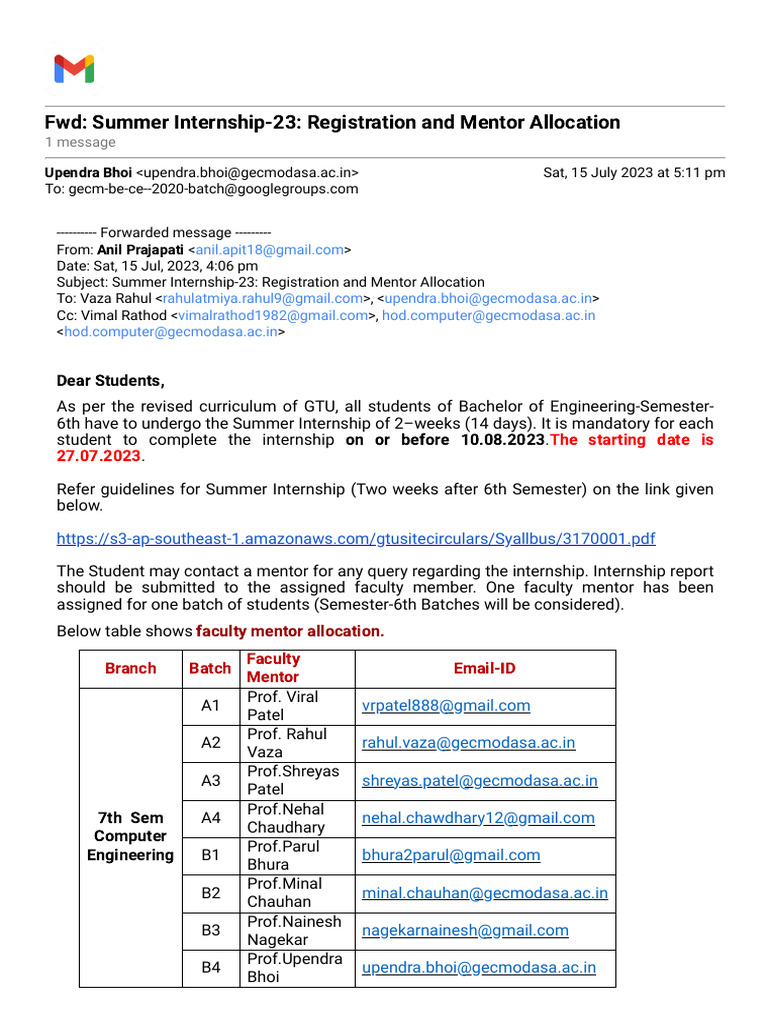 Internship Mail From College | PDF