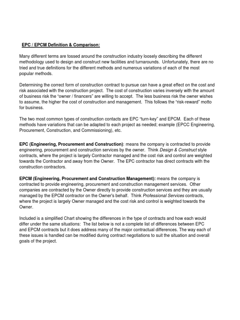 EPC & EPCM Definition and Comparison | PDF | General Contractor ...