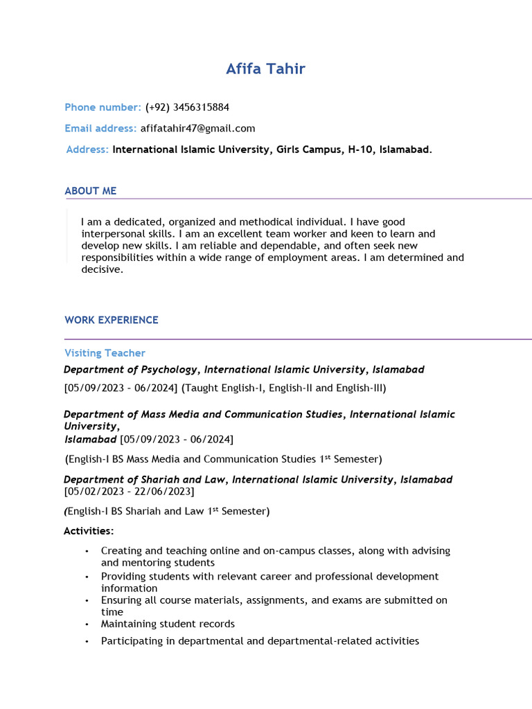 CV Afifa Tahir | PDF