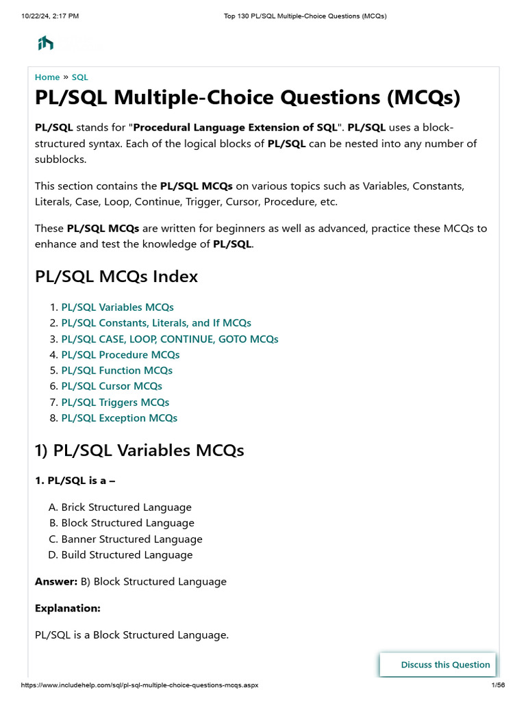 Top PL - SQL MCQs | PDF | Pl/Sql | Boolean Data Type