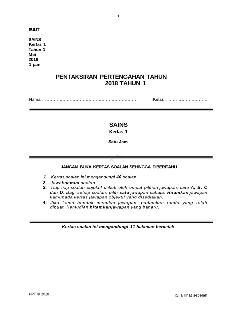 Soalan PPT 2018 - Sains T1 K1 WM | PDF