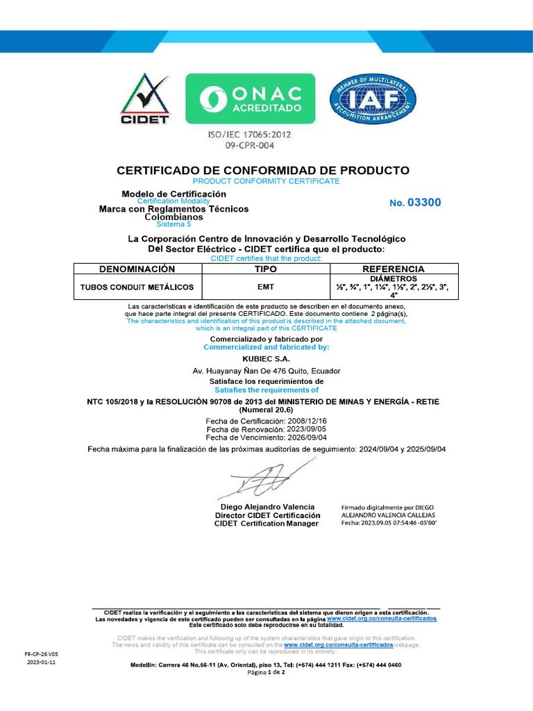 Certificado Tubería EMT | PDF