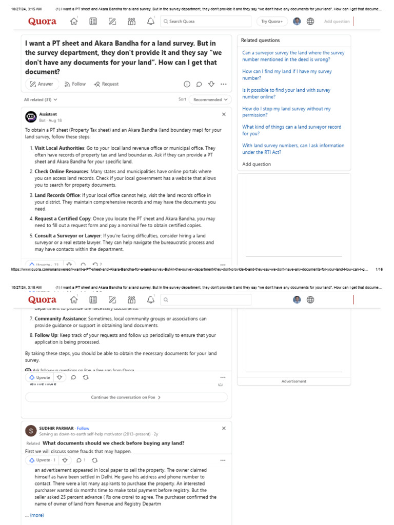 I Want A PT Sheet and Akara Bandha For A Land Survey. But in The Survey ...