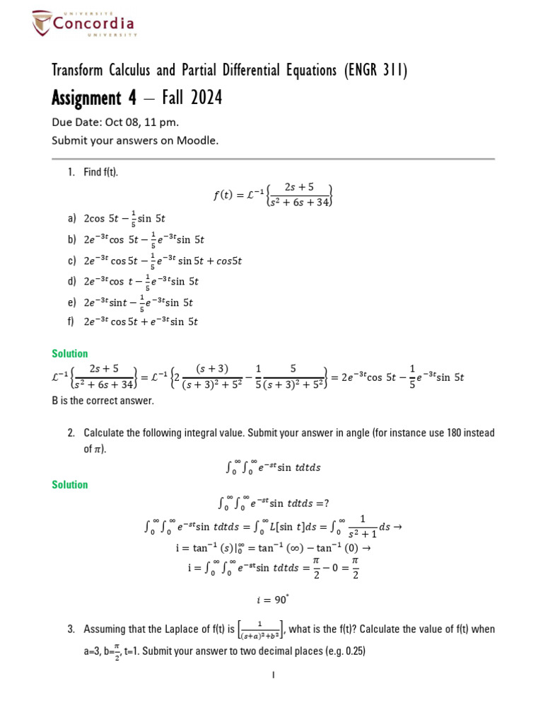 ENGR 311 - Assignment #4 Solutions | PDF | Laplace Transform | Mathematical Physics