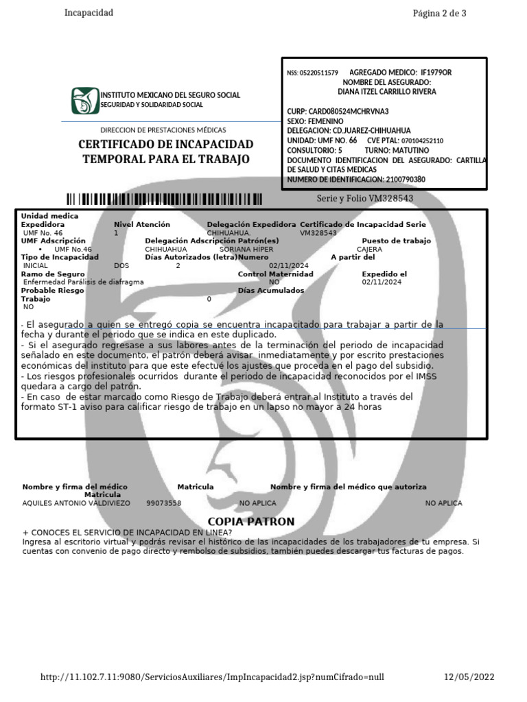 Certificado de Incapacidad IMSS Diana Carrillo | PDF