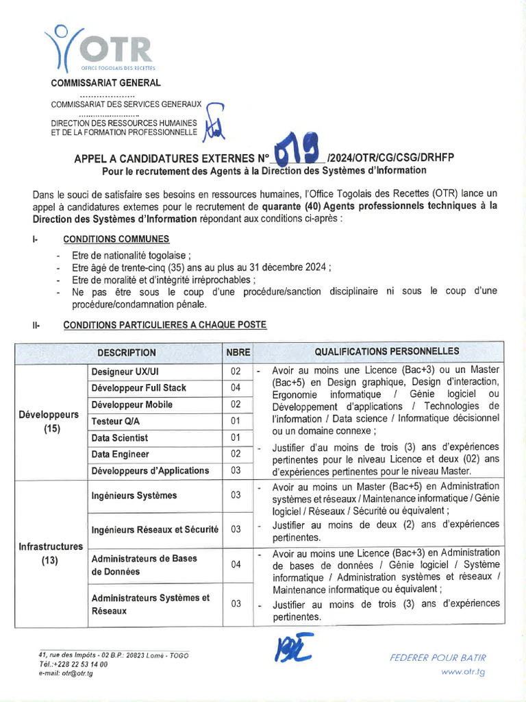 Appel A Candidatures n019 2024 Otr CG CSG DRHFP Recrutement Agents Direction Des Systemes ...
