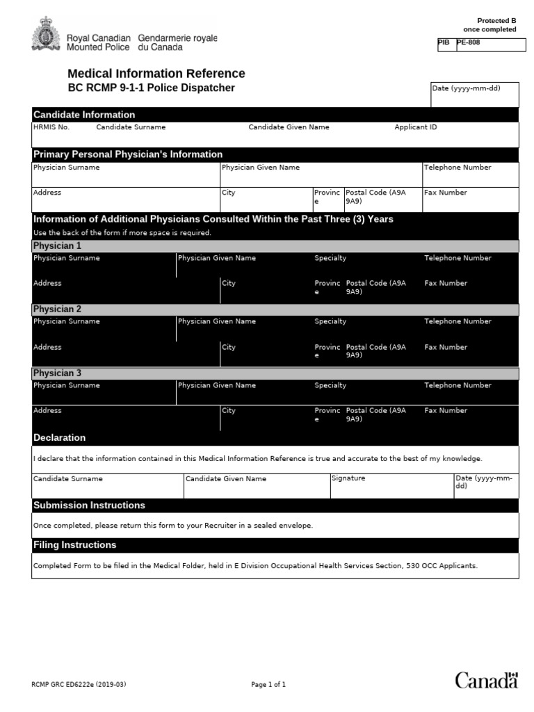Main - Form RCMP GRC Ed6222 Medical Information Reference BC RCMP 9 1 1 ...