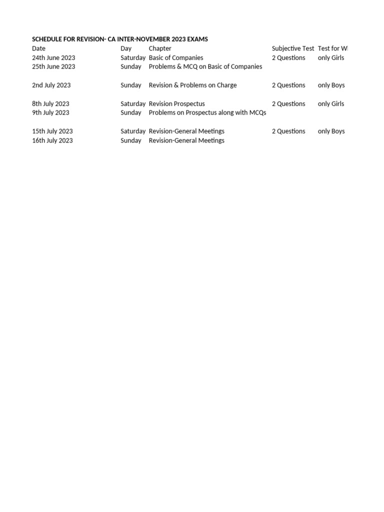 Schedule For Revision For CA Inter | PDF