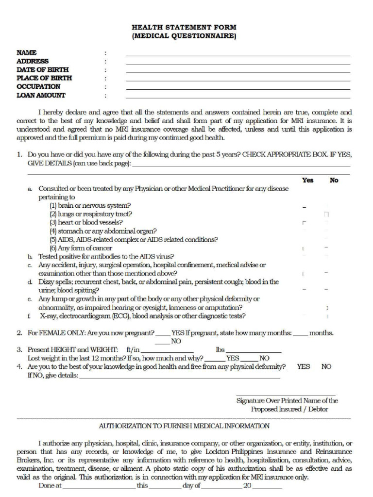 Health Statement Form | PDF