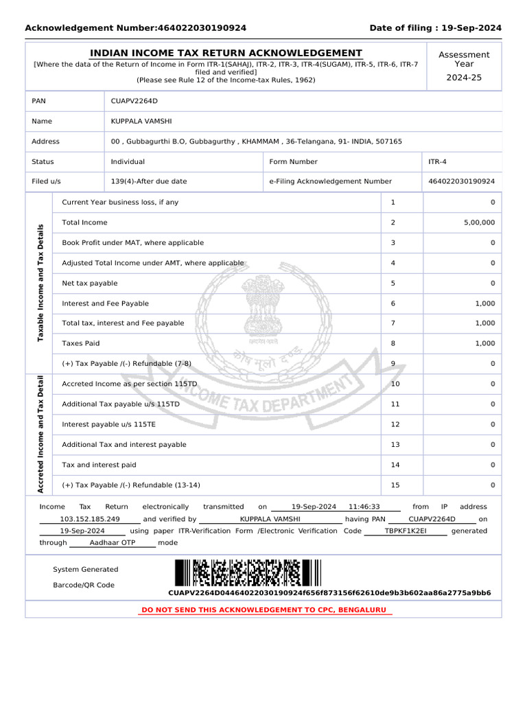 Kuppala Vamshi Ackw 2024-25 | PDF | Taxes | Income Tax