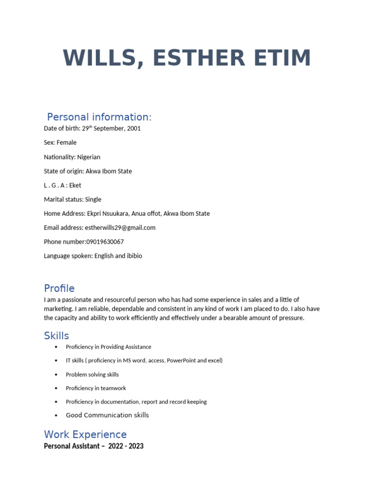 Curriculum Vitae of Wills Esther | PDF