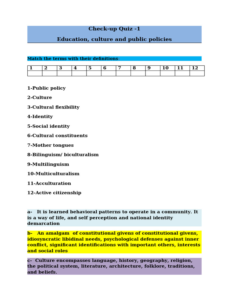 Check up quiz | PDF | Multiculturalism | Identity (Social Science)