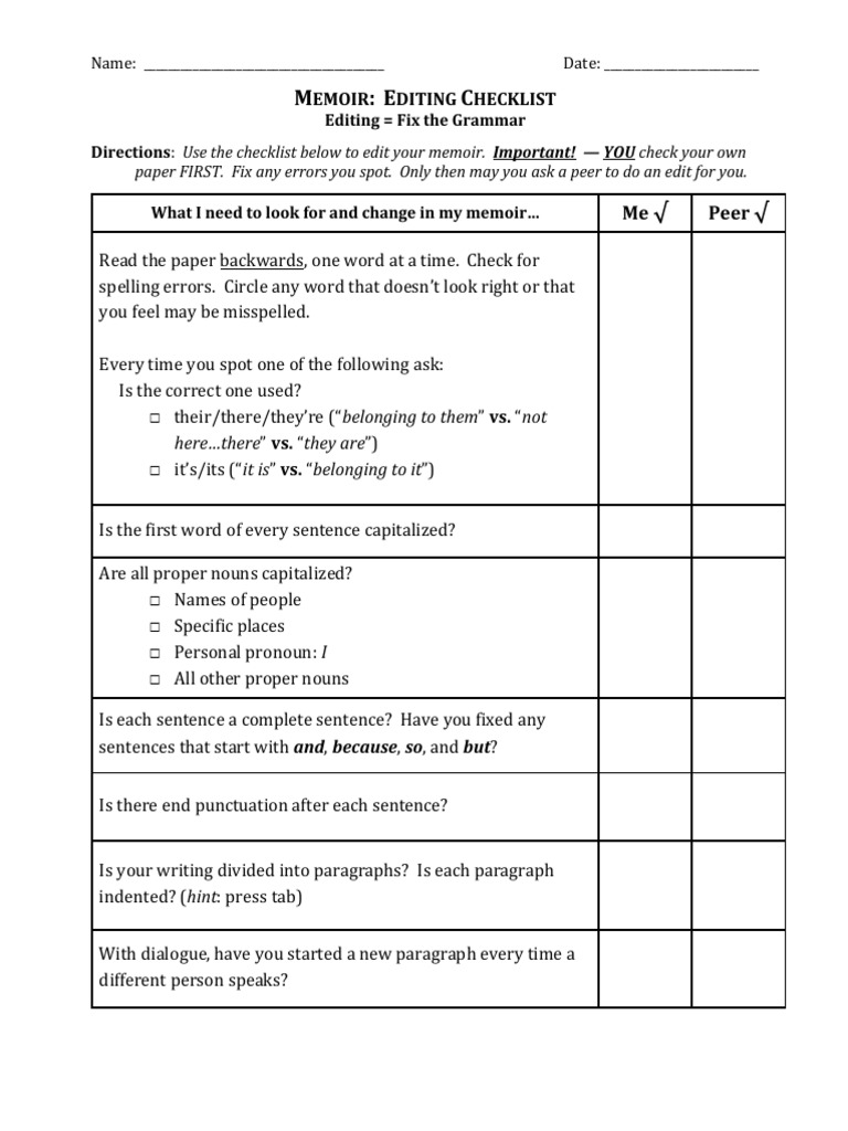 MemoirEditingChecklist 1 | PDF