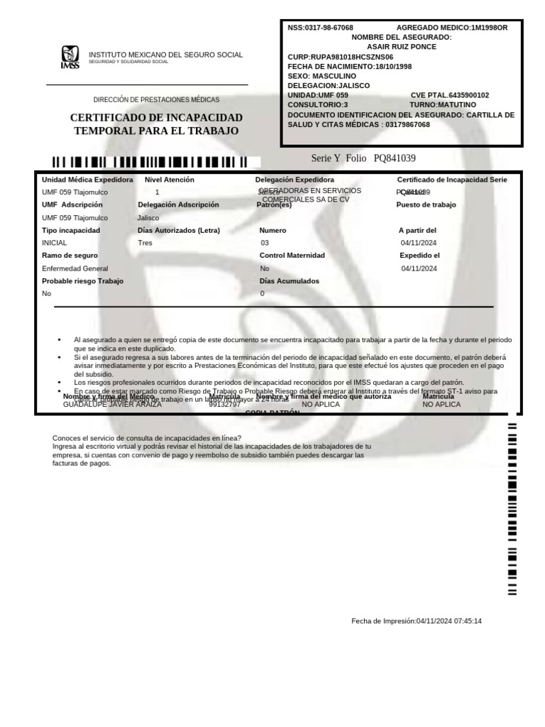 Certificado de Incapacidad Temporal para El Trabajo: Serie Y Folio PQ841039 | PDF