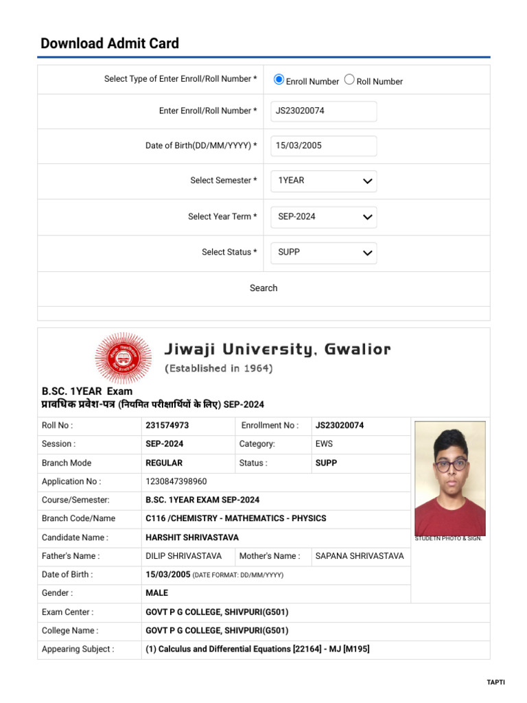 Jiwaji University Admit Card SEP-2024 | PDF