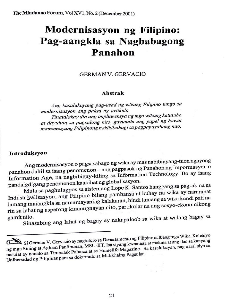 Modernisasyon NG Filipino: Pag-Aangkla Sa Agbabagong Panahon | PDF