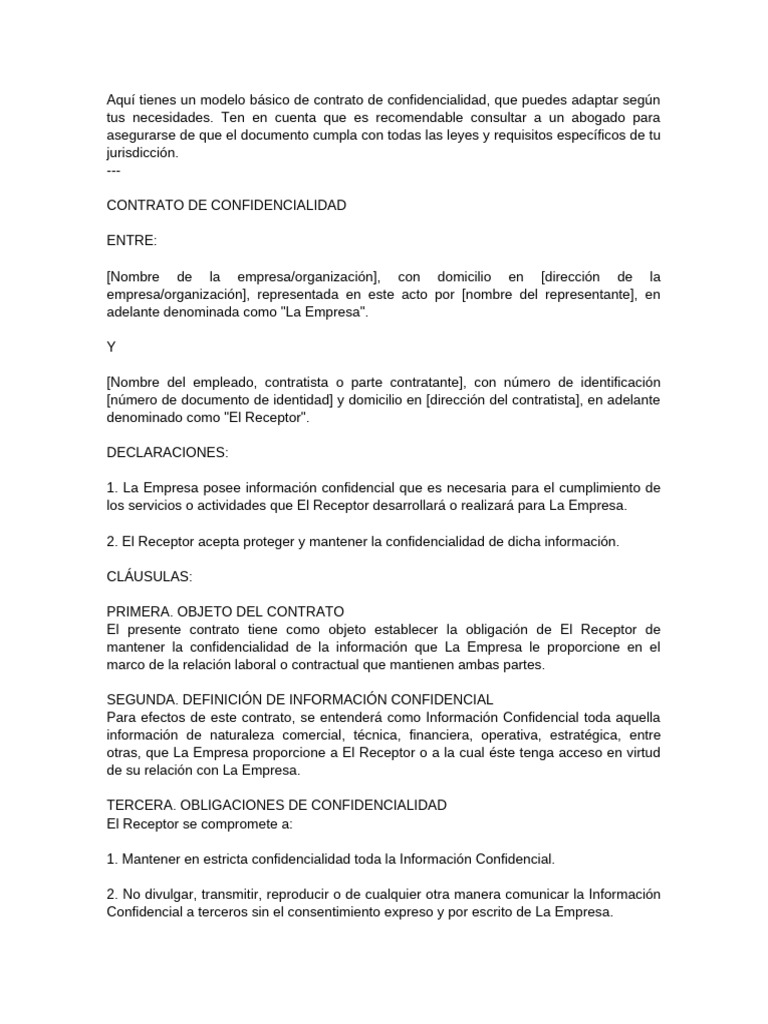 Modelo Basico Contrato de Confidencialidad. | PDF | Daños y perjuicios ...