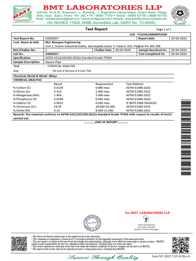 Test Report: For BMT Laboratories LLP | PDF | Metals | Manganese