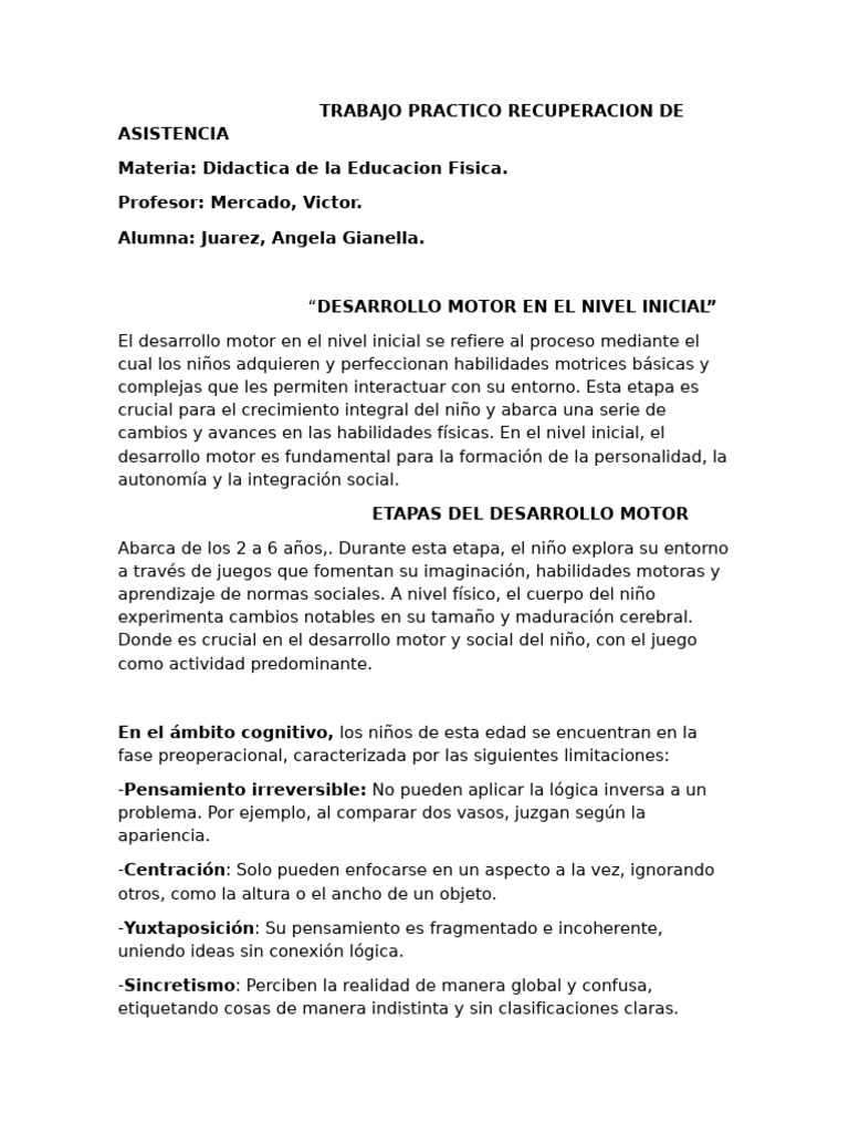 Desarrollo Motor. ANGELA JUAREZ | PDF | Educación de la primera ...