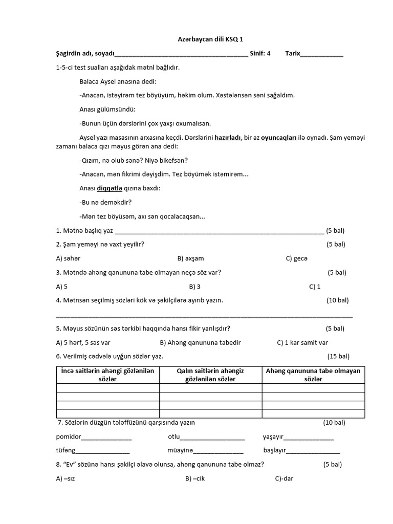 Azərbaycan Dili KSQ 1 4-Cü Sinif | PDF