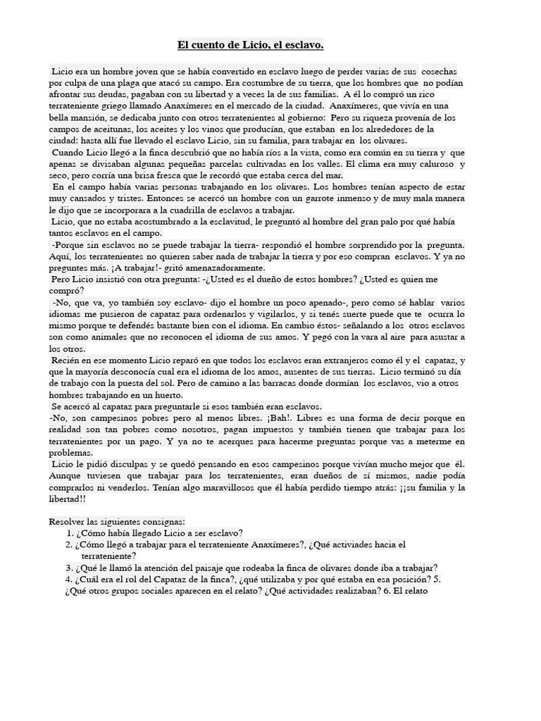 Trabajo Práctico #4 Cuento de Licio, El Esclavo. | PDF | Esclavitud ...