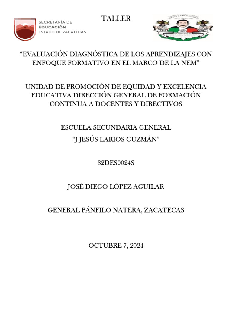 Evaluación Diagnóstica De Los Aprendizajes Con Enfoque Formativo En El 4433