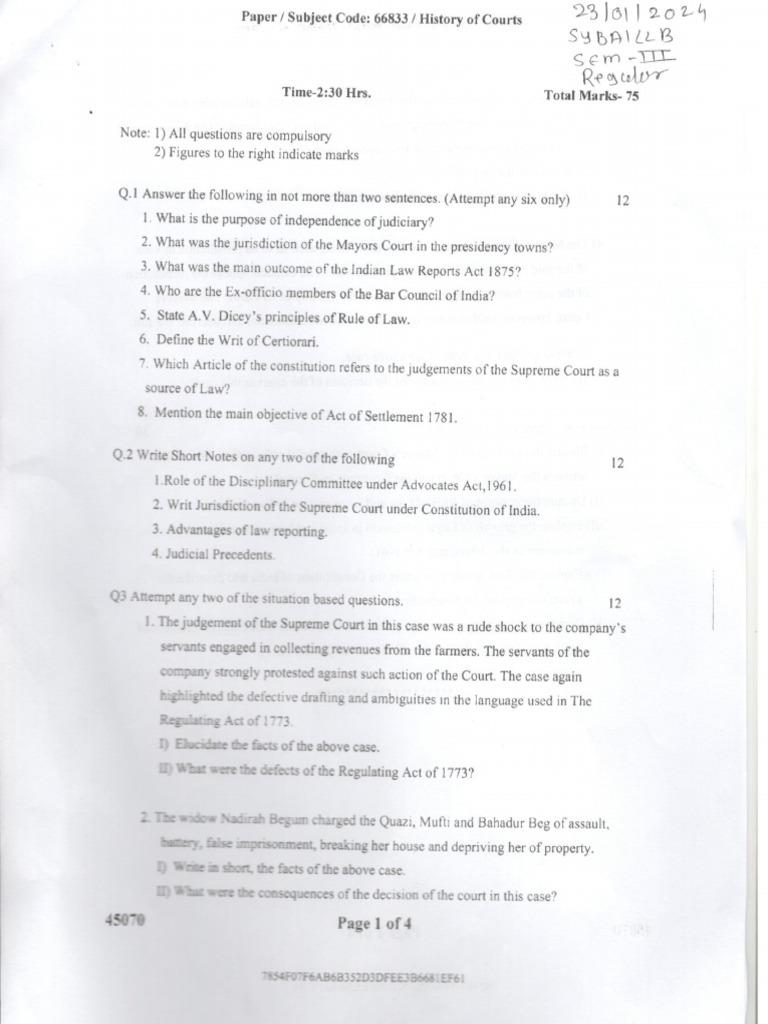History of Courts SYBALLB Sem III Regular | PDF