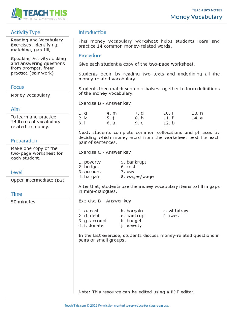 Money Vocabulary Worksheet | PDF | Cost Of Living | Money