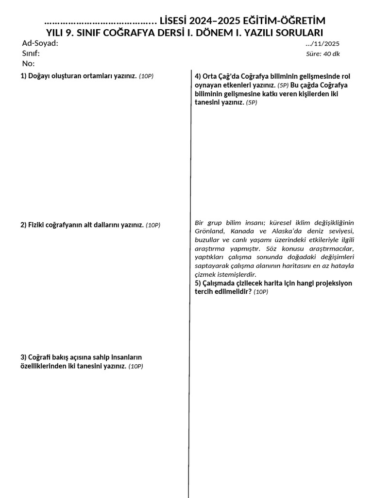 Cografya 9 Sinif 1 Donem 1 Yazili 2024 2025 | PDF