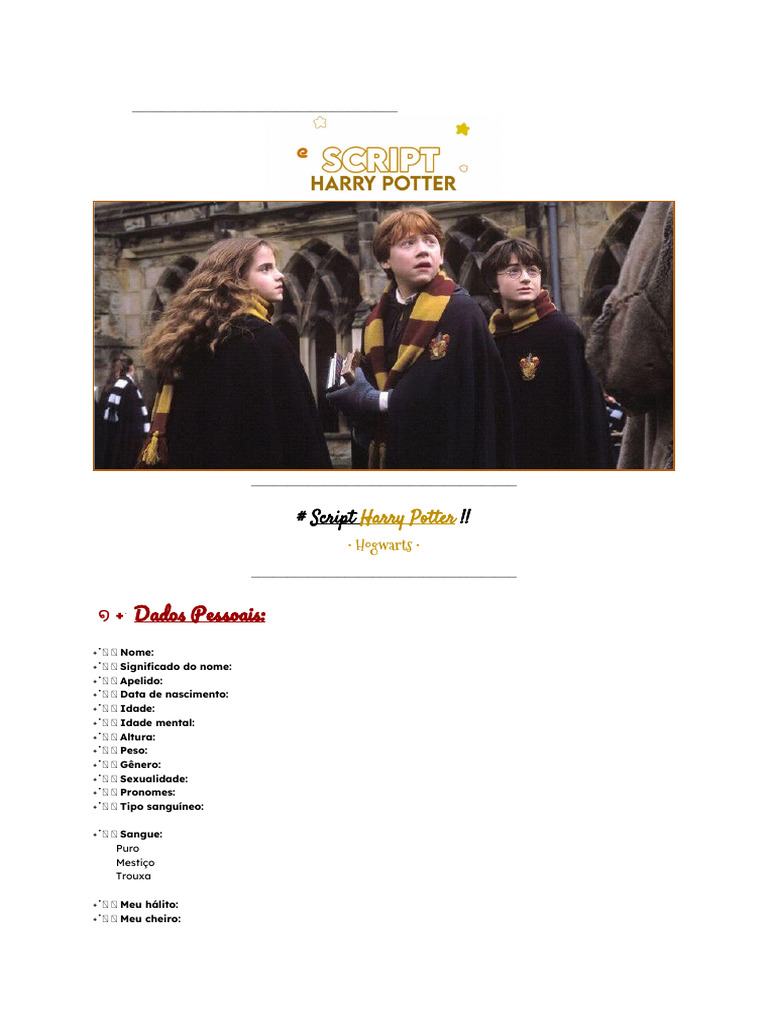 Script de Personagem Harry Potter | PDF | Dinheiro | Cabelo