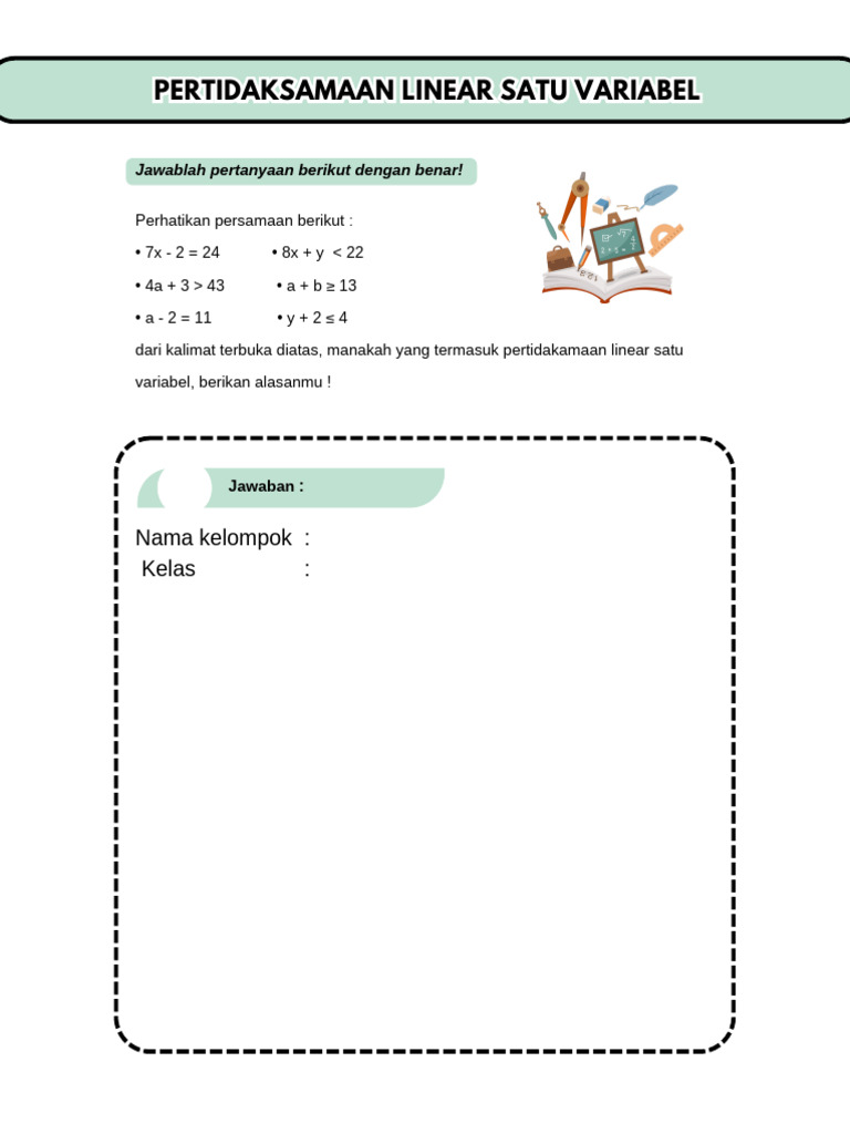 Persamaan Linear Satu Variabel Lembar Kerja Hijau Toska Putih Sederhana ...