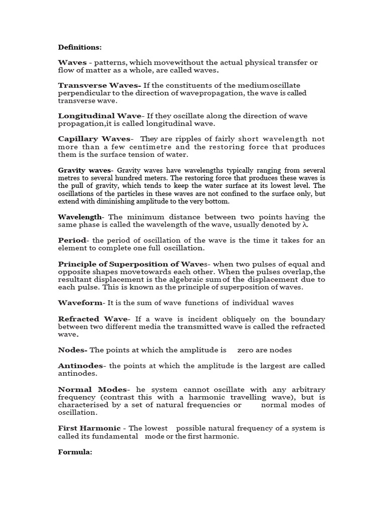 Formula Page For Cbse Class 11 Physics Chapter Waves | PDF | Waves | Normal Mode