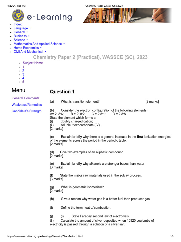 Wassce Waec 2023 Chemistry Paper 2 Past Questions and Answers PDF | PDF ...