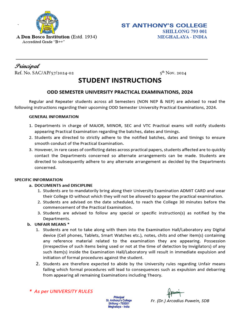ODD Semester Practical Exam Instructions 2024 | PDF