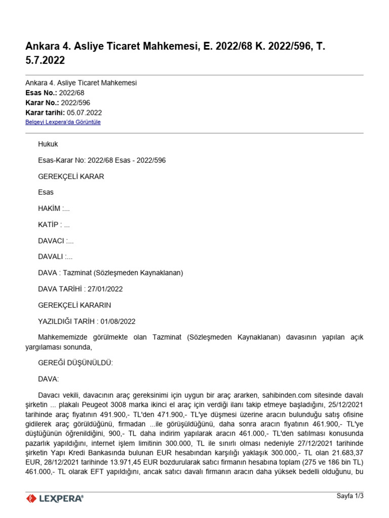 Ankr 4 Asliye Ticaret Mahkemesi e 2022 68 K 2022 596 T 5 7 2022 1 | PDF