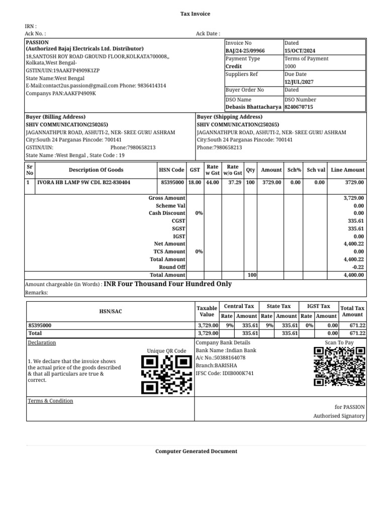 INR Four Thousand Four Hundred Only | PDF | Invoice | Trade