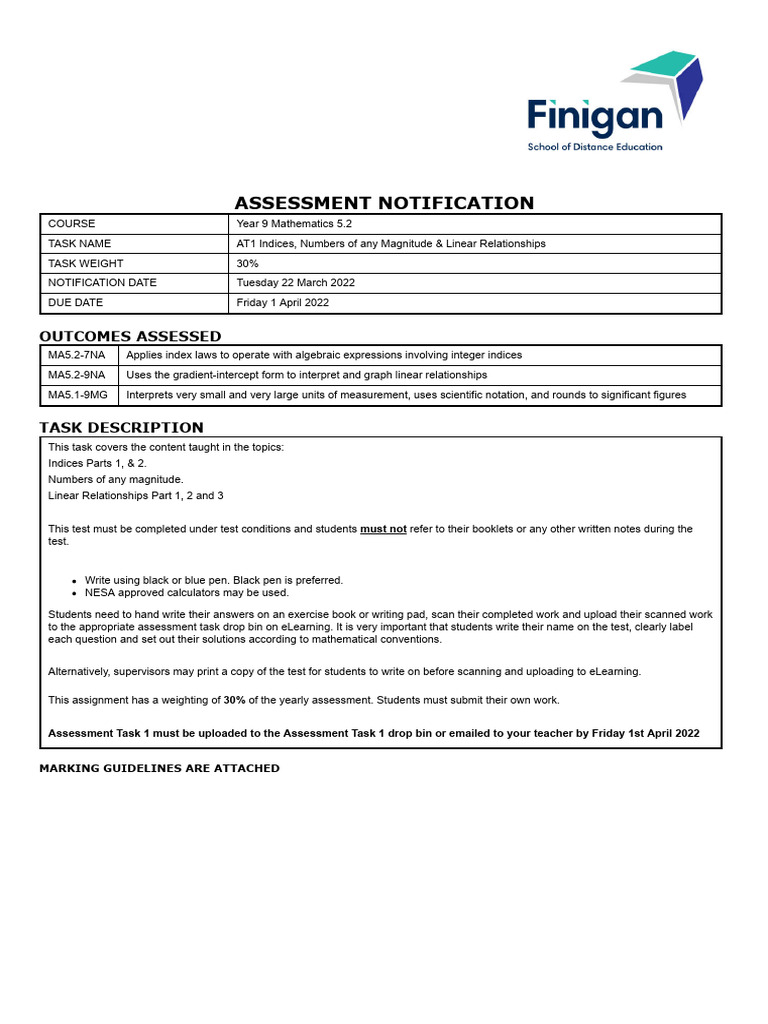 Year 9 Math Assessment: Indices & Linear Relationships | PDF ...