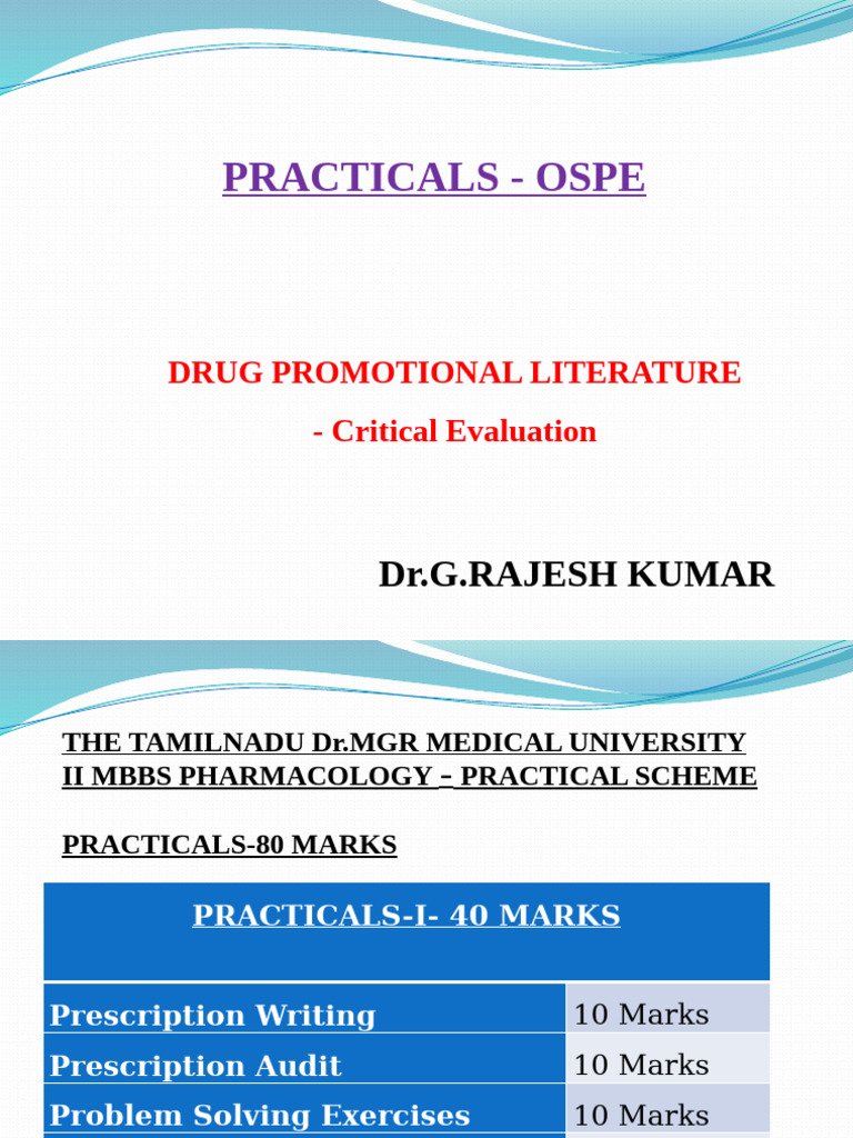 Practicals - Ospe: Dr.G.Rajesh Kumar | PDF | Pharmacology | Pharmaceutical Industry