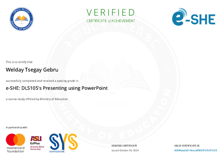 e-SHE DLS105 Certificate - e-SHE Online Learning | PDF