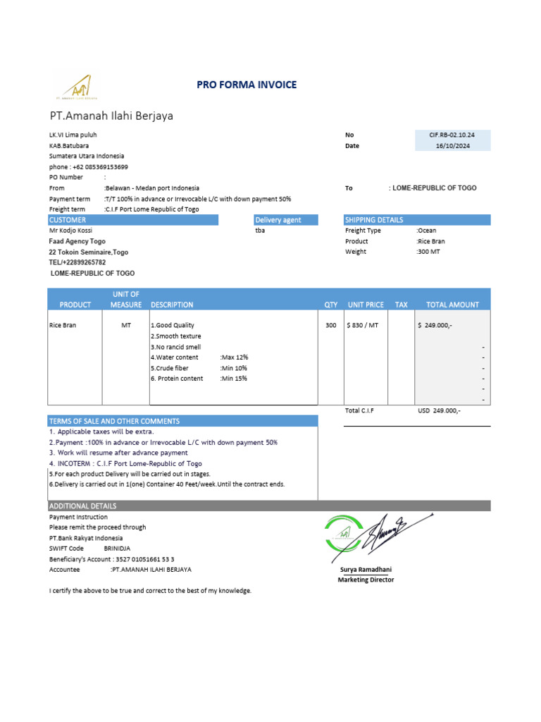 Pro Forma Invoice Cif Rice Bran | PDF | Freight Transport | Trade
