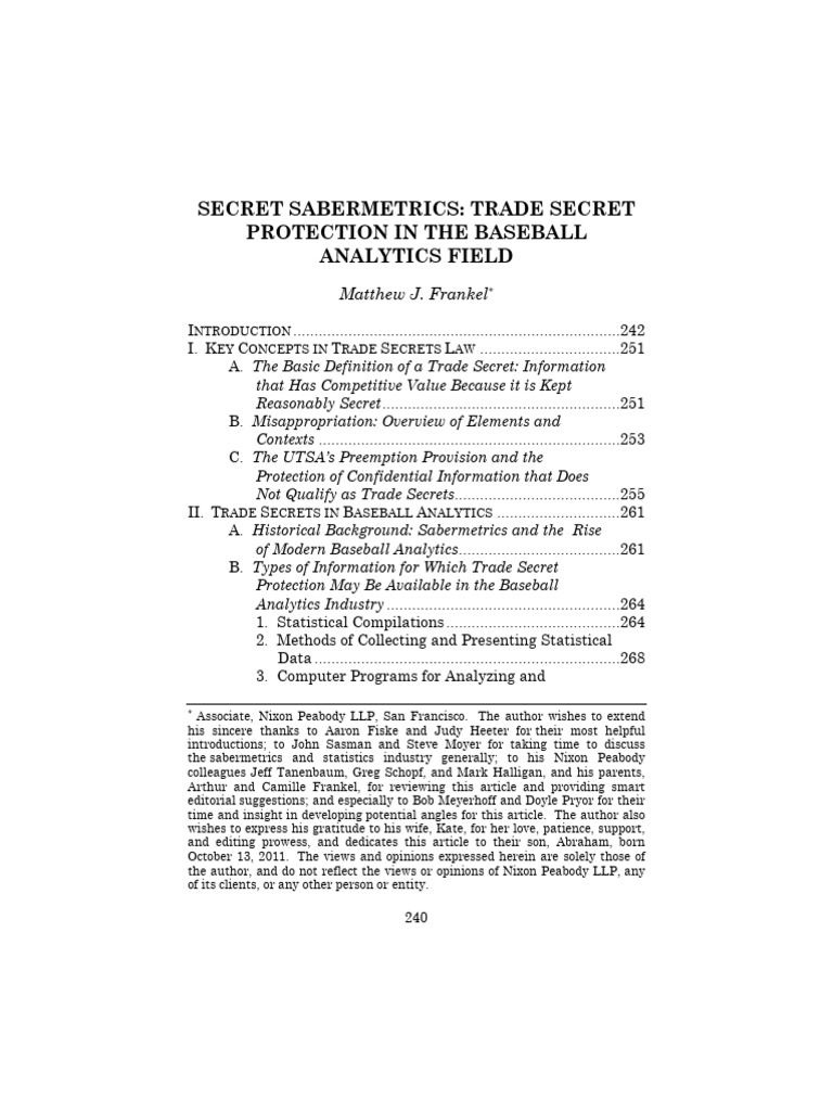 Secret Sabermetrics Trade Secret Protection in The Baseball Analytics ...