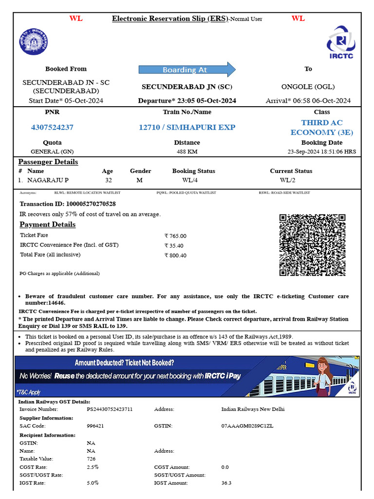 Simhapuri Exp Third Ac Economy (3E) : WL WL | PDF | Identity Document