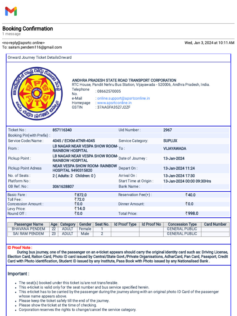 APSRTC Bus Ticket Confirmation | PDF | Identity Document