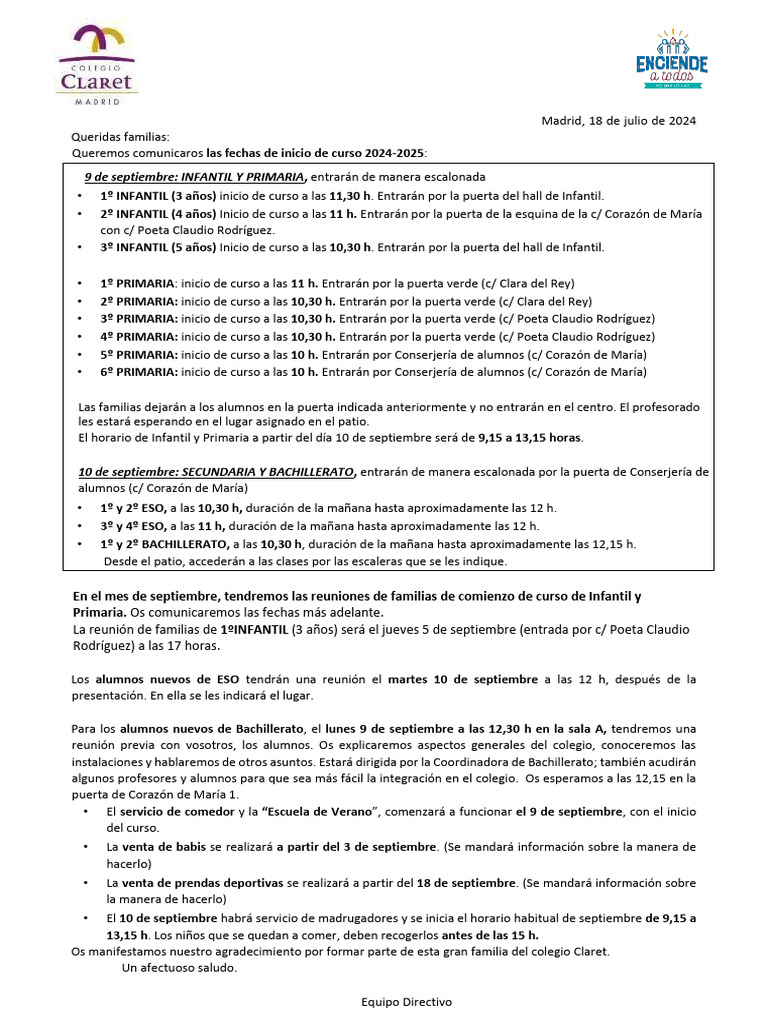 Circular Inicio de Curso 24-25 | PDF