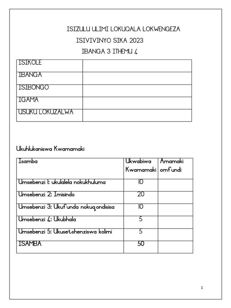 Grade 3 Isizulu Fal Assessment Task 4 | PDF