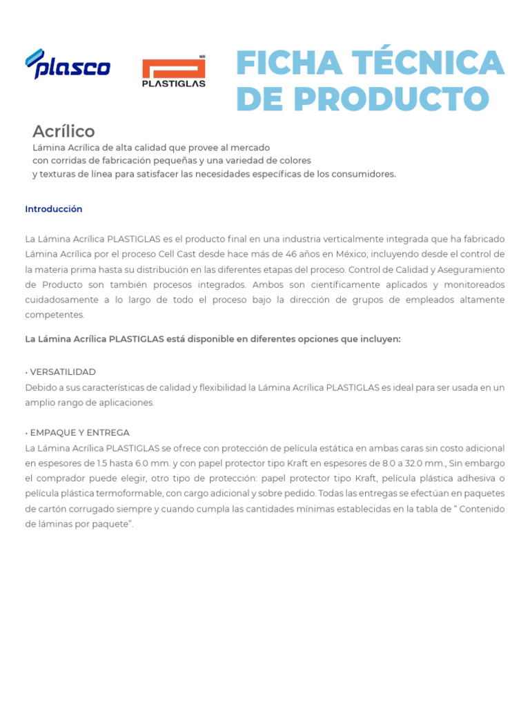 Lámina Acrílica PLASTIGLAS: Variedad y Calidad | PDF | Etanol | Ácido