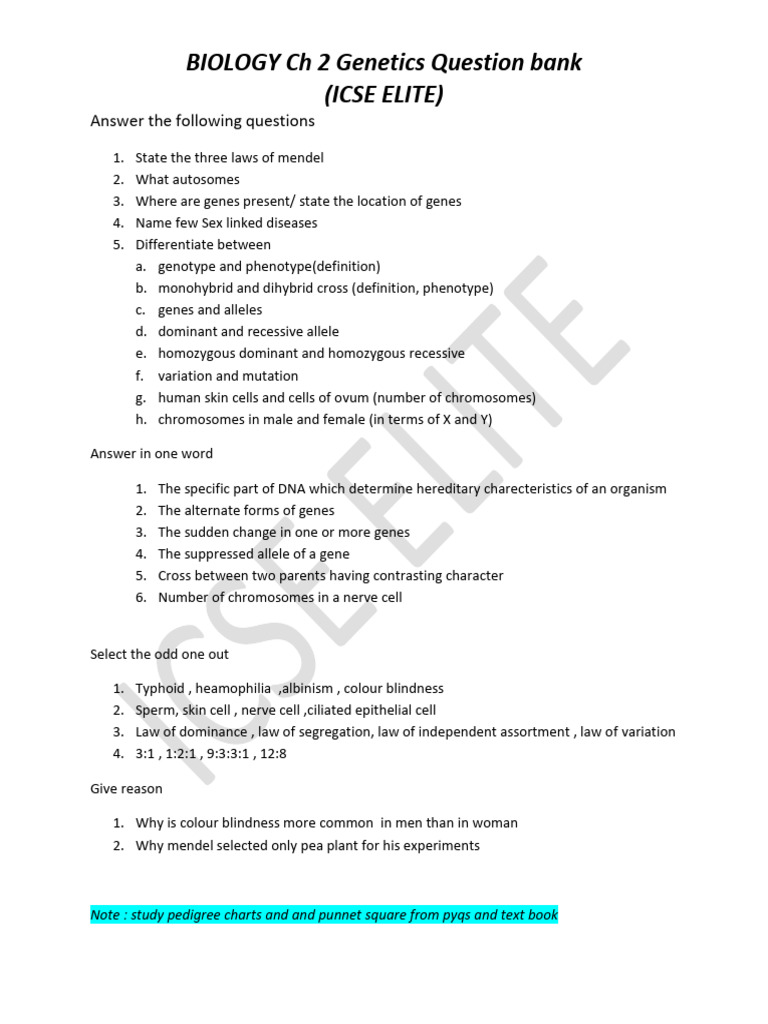 Class 10 Genetics Question Bank | PDF